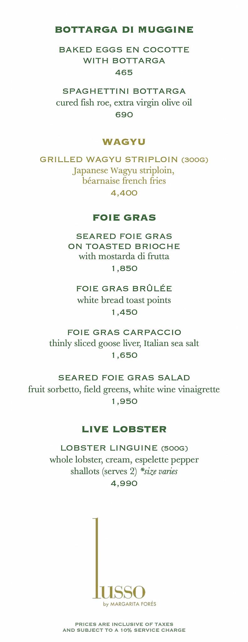 Menu at Lusso by Margarita Forés - Greenbelt 5 cafe, Makati, Legazpi Street