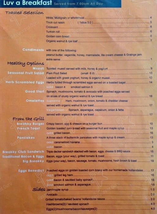 Menu at Luv a Coffee Southport Park cafe, Main Beach, 40 Ferry Rd