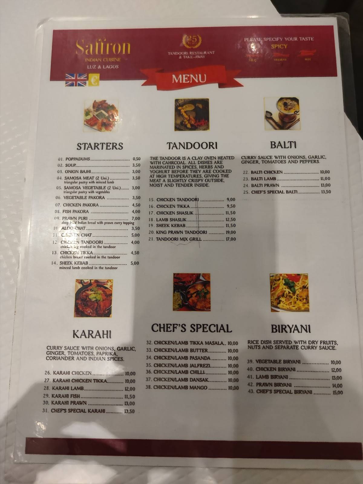 Menu at Saffron restaurant, Praia da Luz