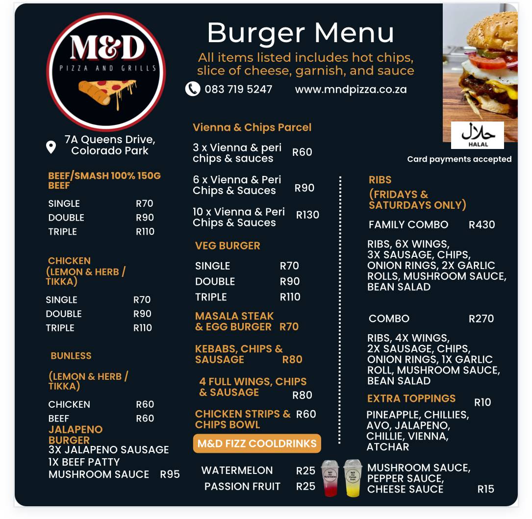 Menu at M&D Pizza & Burger restaurant, Cape Town