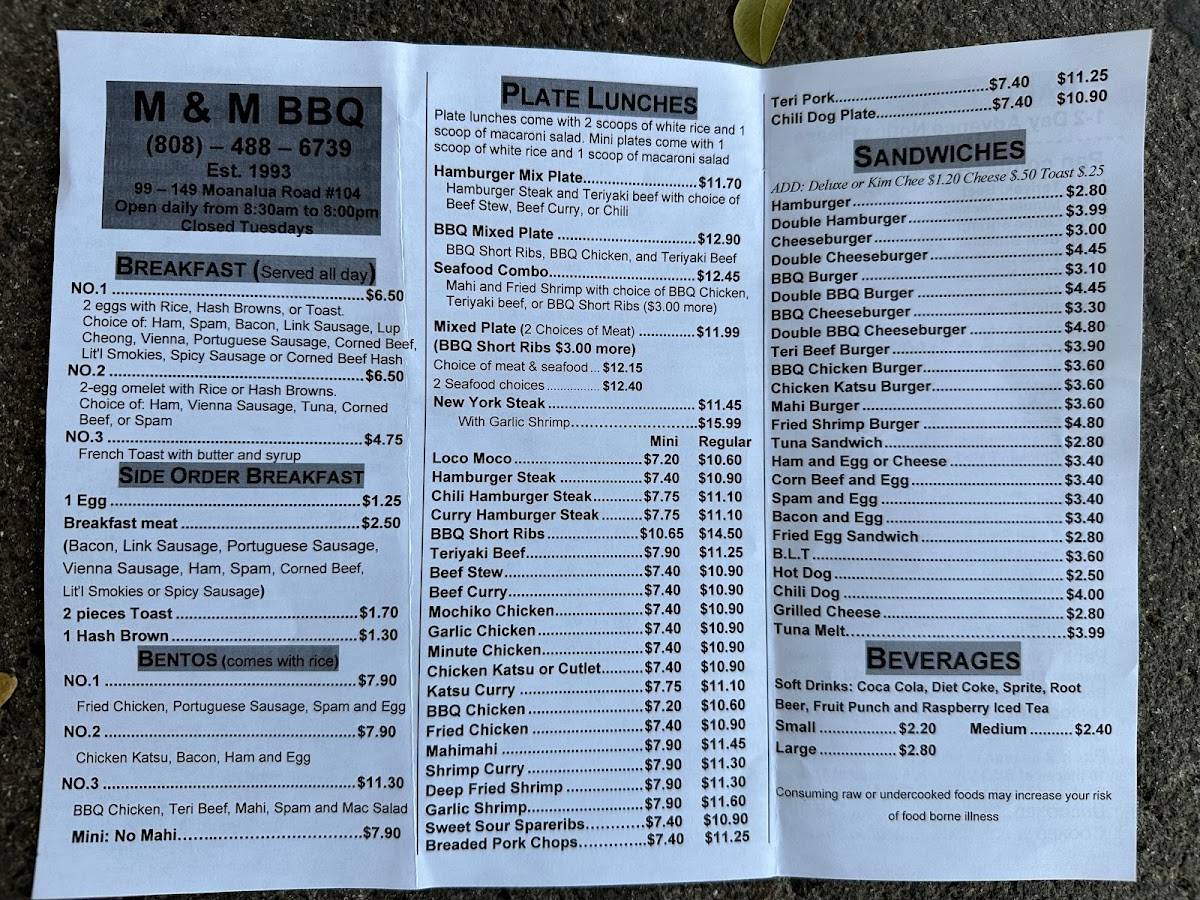 Menu at M & M BBQ, Aiea