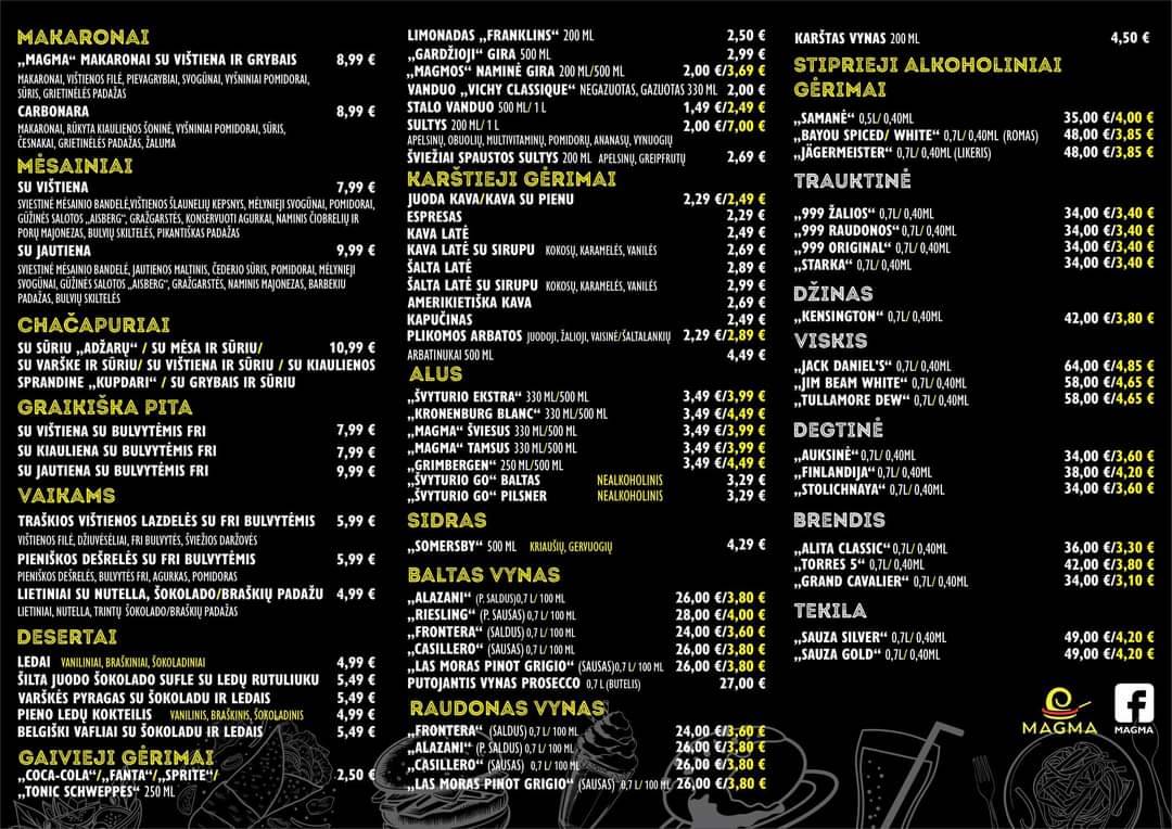 Menu at MAGMA restaurant, Vilnius
