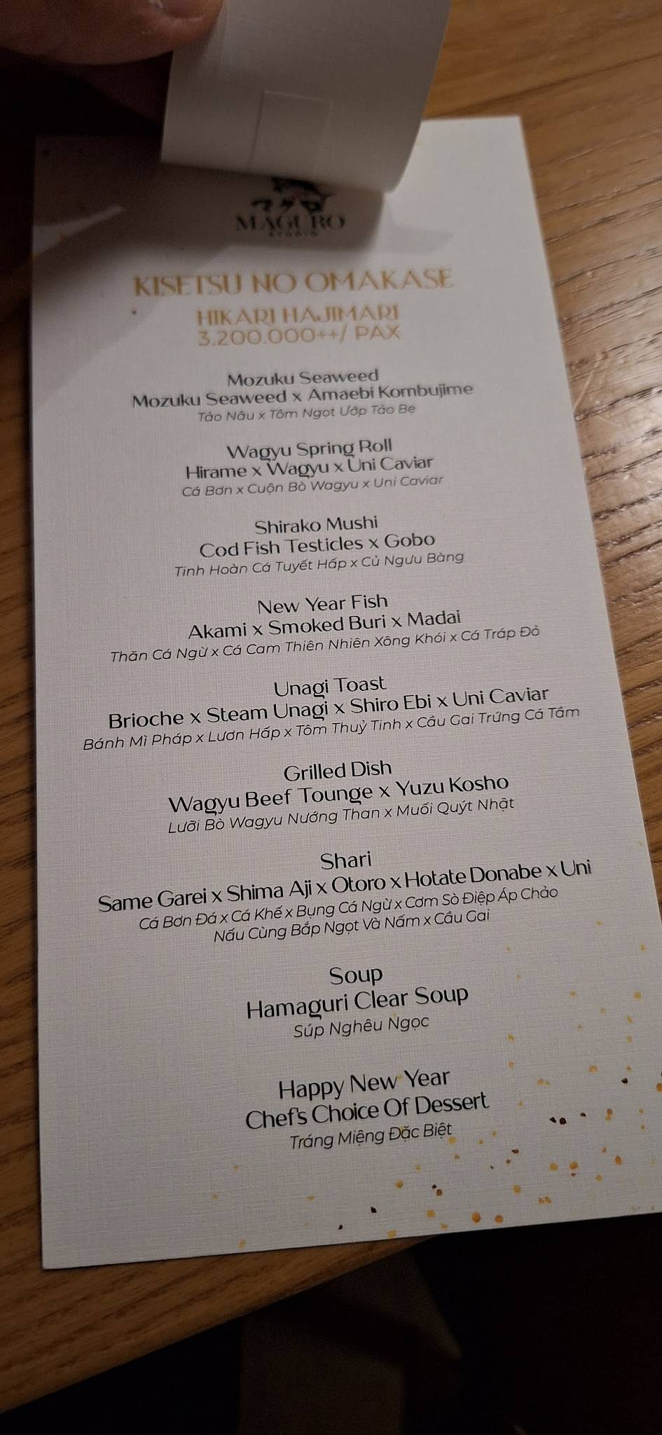 Menu at MAGURO Studio restaurant, Ho Chi Minh City