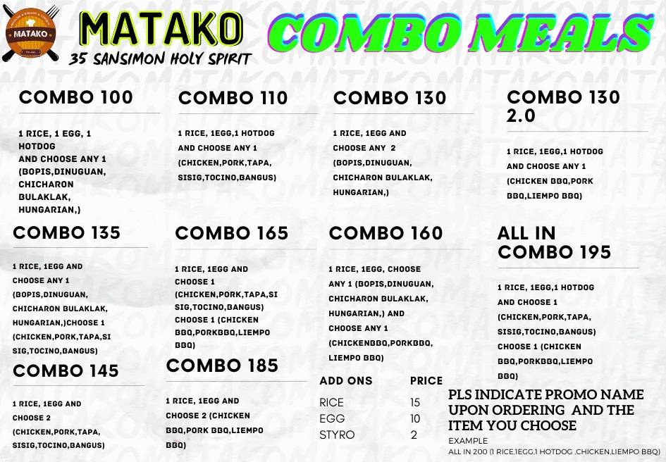 Carta del restaurante MATAKO Holy Spirit, Ciudad Quezon