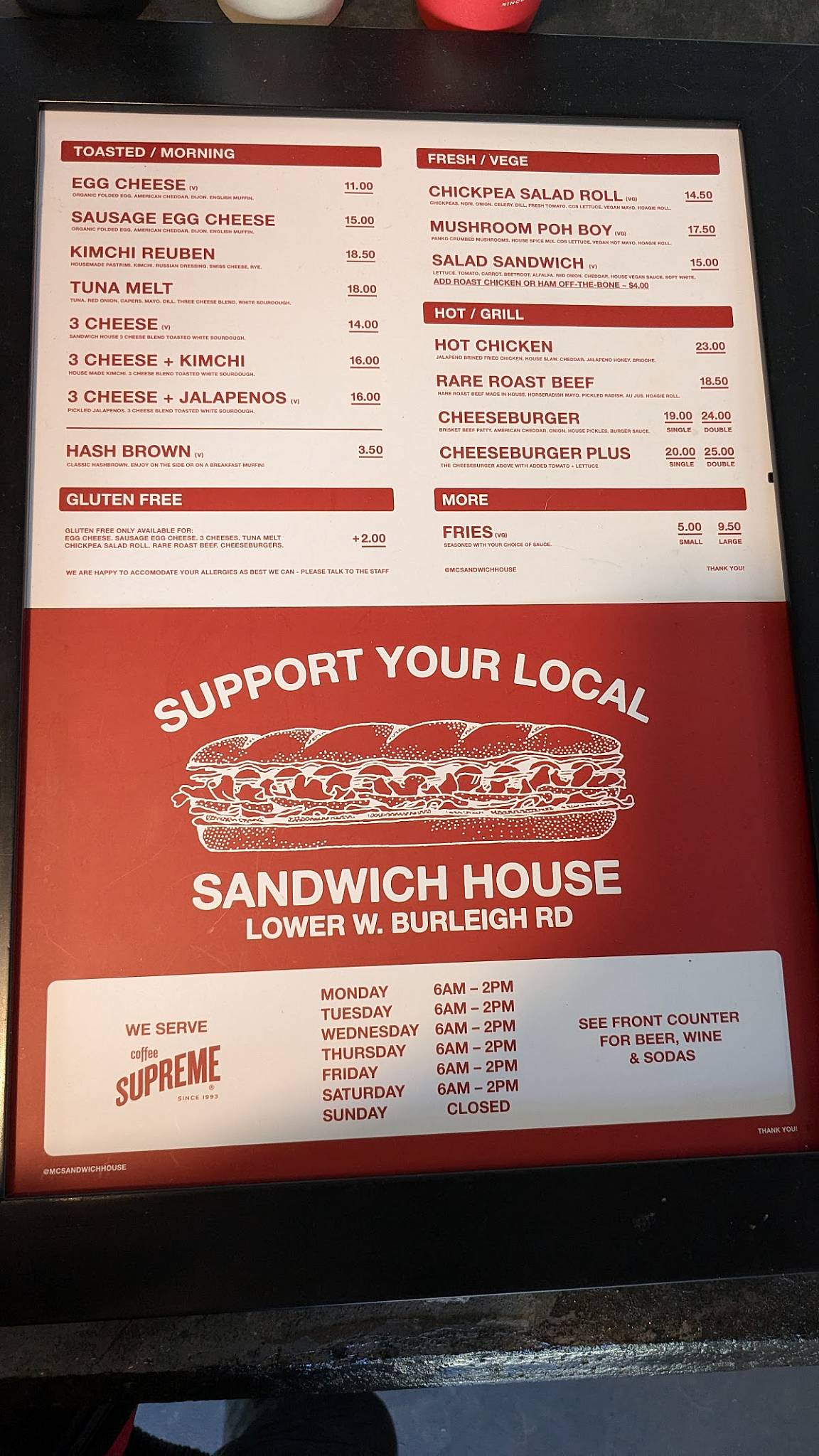 Menu at MC's Sandwich House restaurant, Burleigh Heads