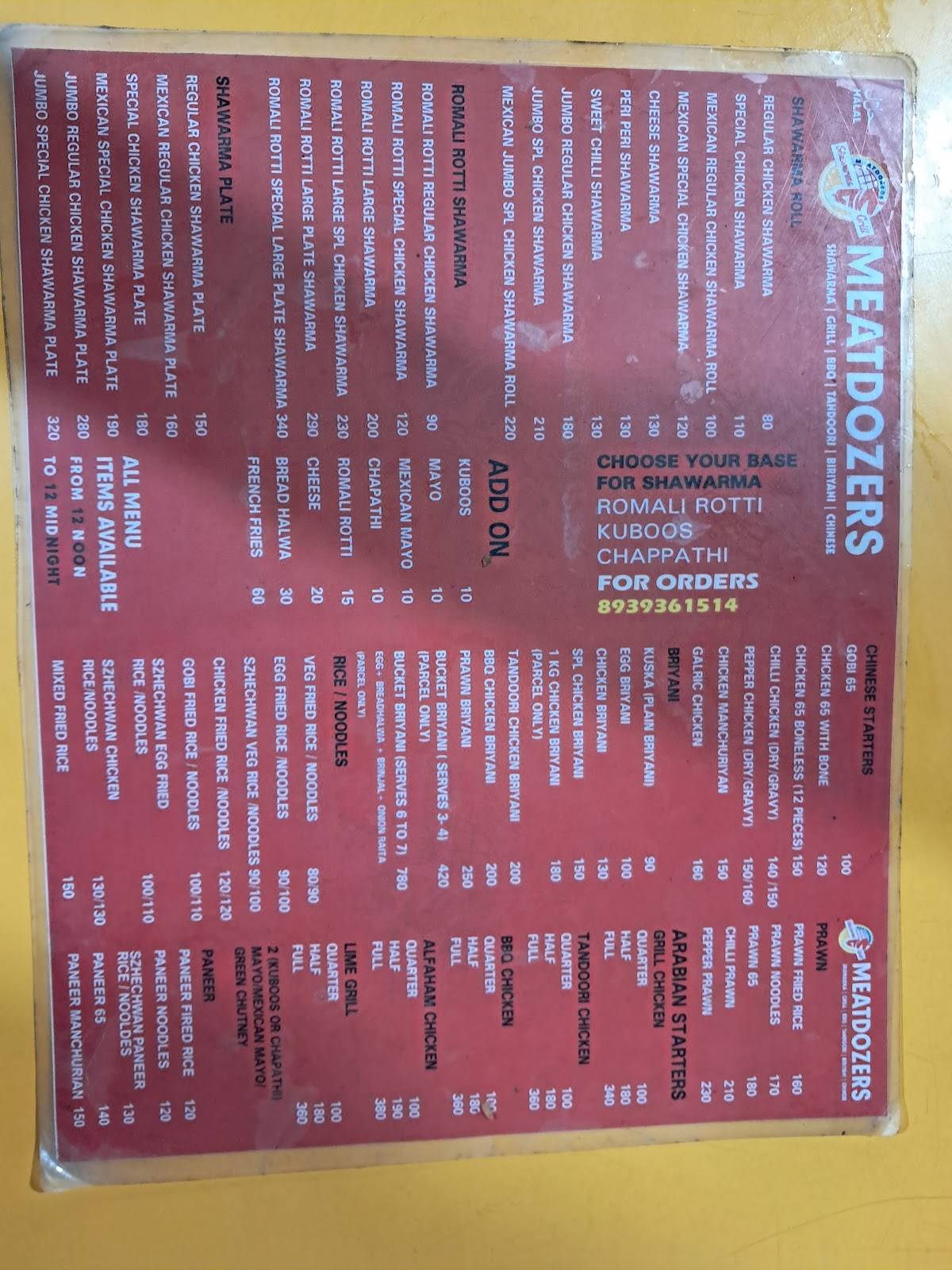 Menu at MEATDOZERS SHAWARMA & Grill, Perumbakkam, Chennai