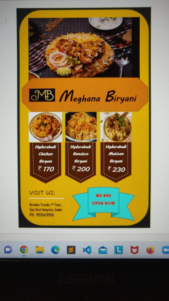Menu at MEGHANA BIRYANI PURE HYDERABADI STYLE, Gudur