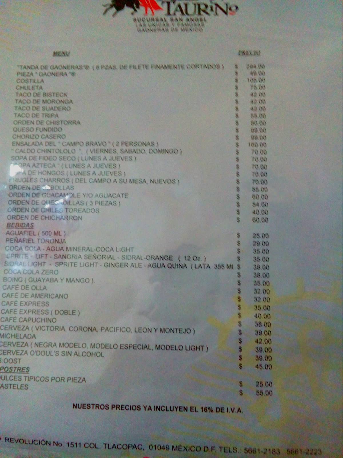 Carta del restaurante MESÓN TAURINO, Ciudad del México, calle A ...