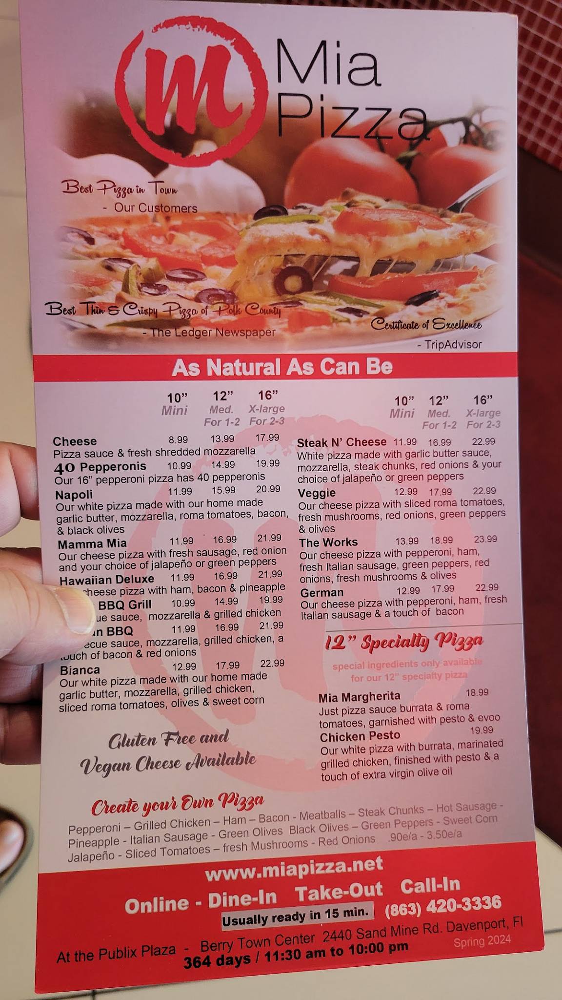 Menu at MIA PIZZA pizzeria, Four Corners, Sand Mine Rd