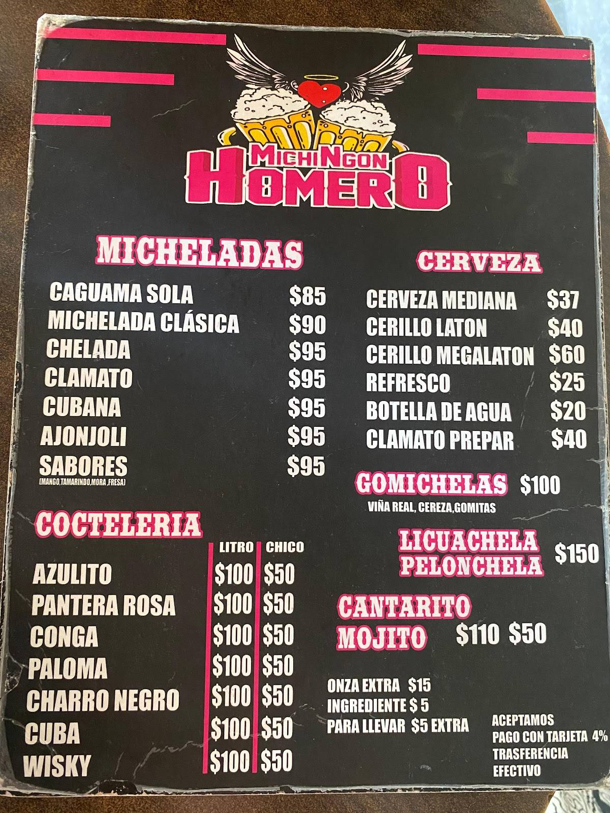 Menu at MICHINGON HOMERO pub & bar, Mexico