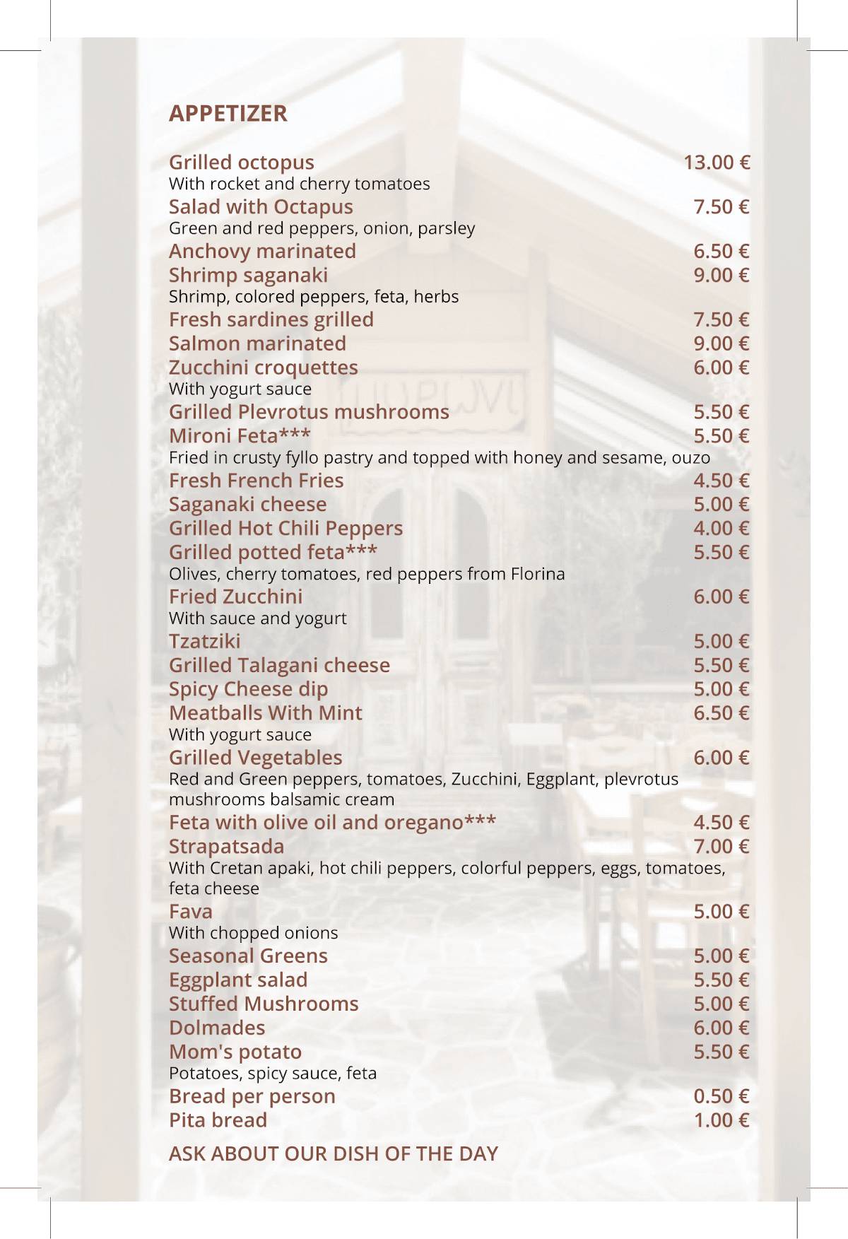 Menu at MIRONI Greek Restaurant, Athens