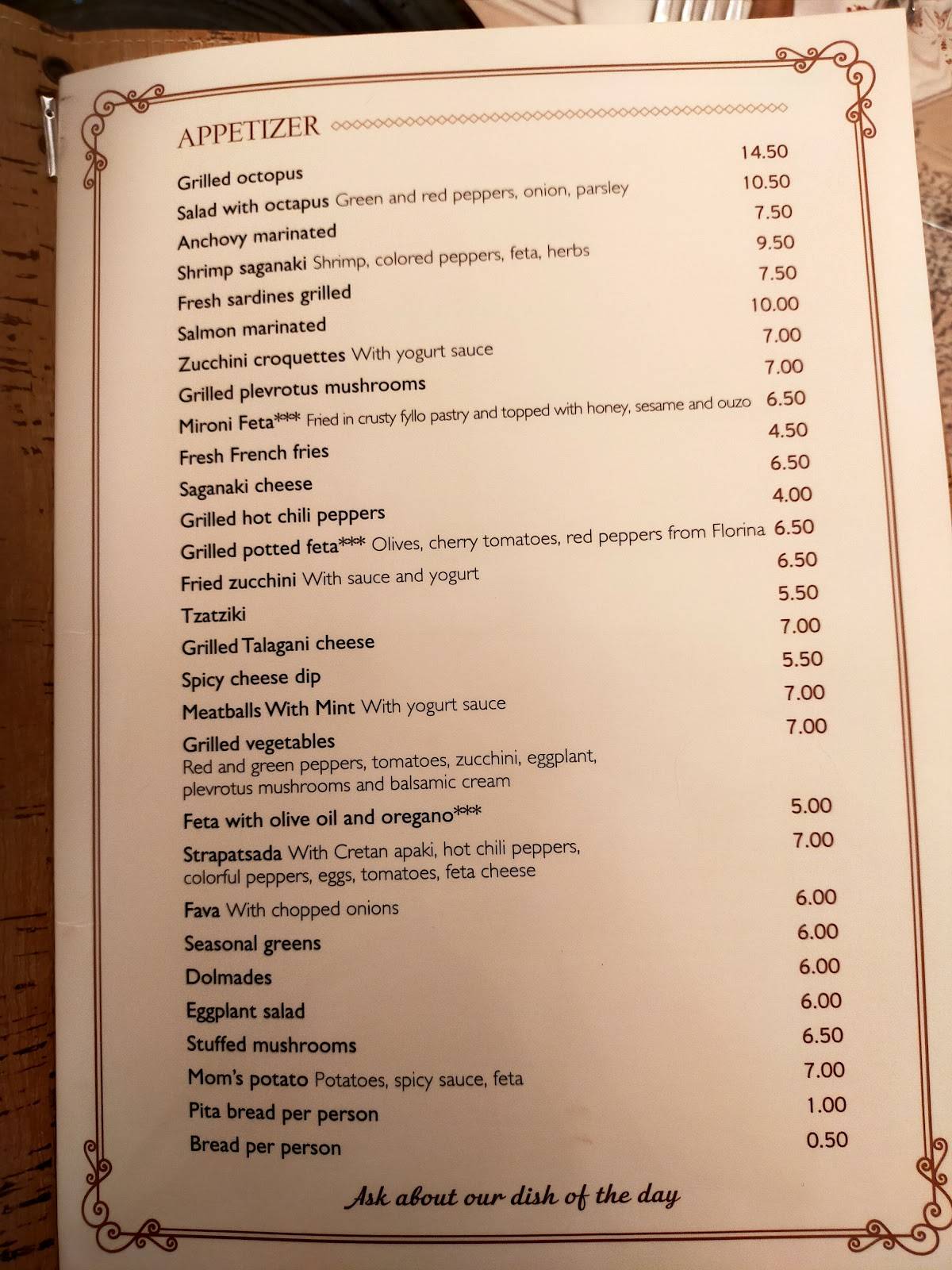 Menu at MIRONI Greek Restaurant, Athens