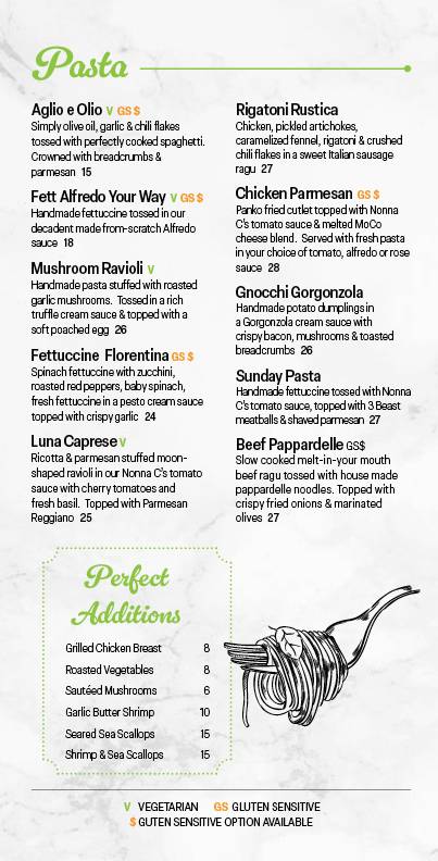 Menu at MOCO Downtown restaurant, Fredericton, 100 Regent St