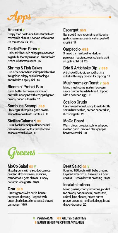 Menu at MOCO Downtown restaurant, Fredericton, 100 Regent St