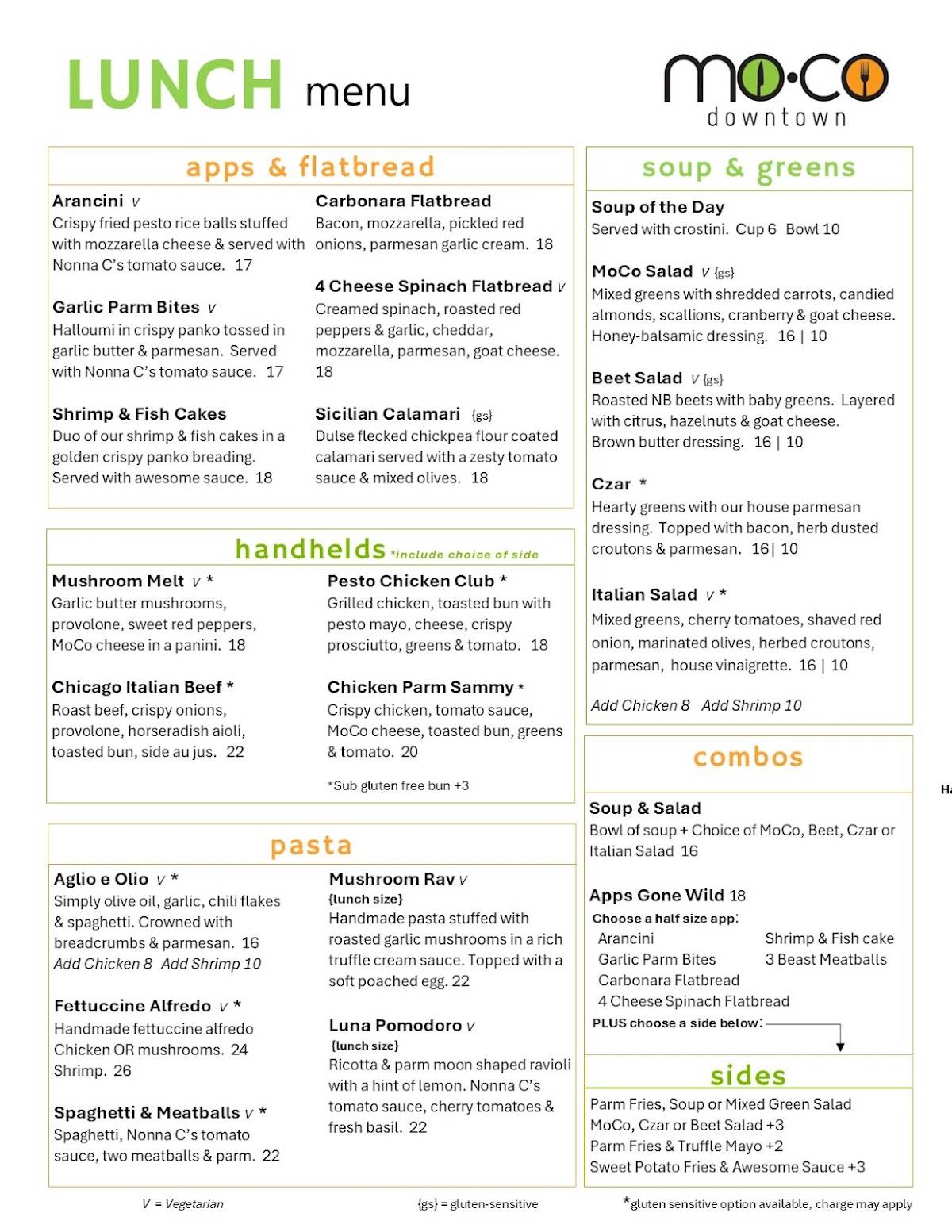 Menu at MOCO Downtown restaurant, Fredericton, 100 Regent St