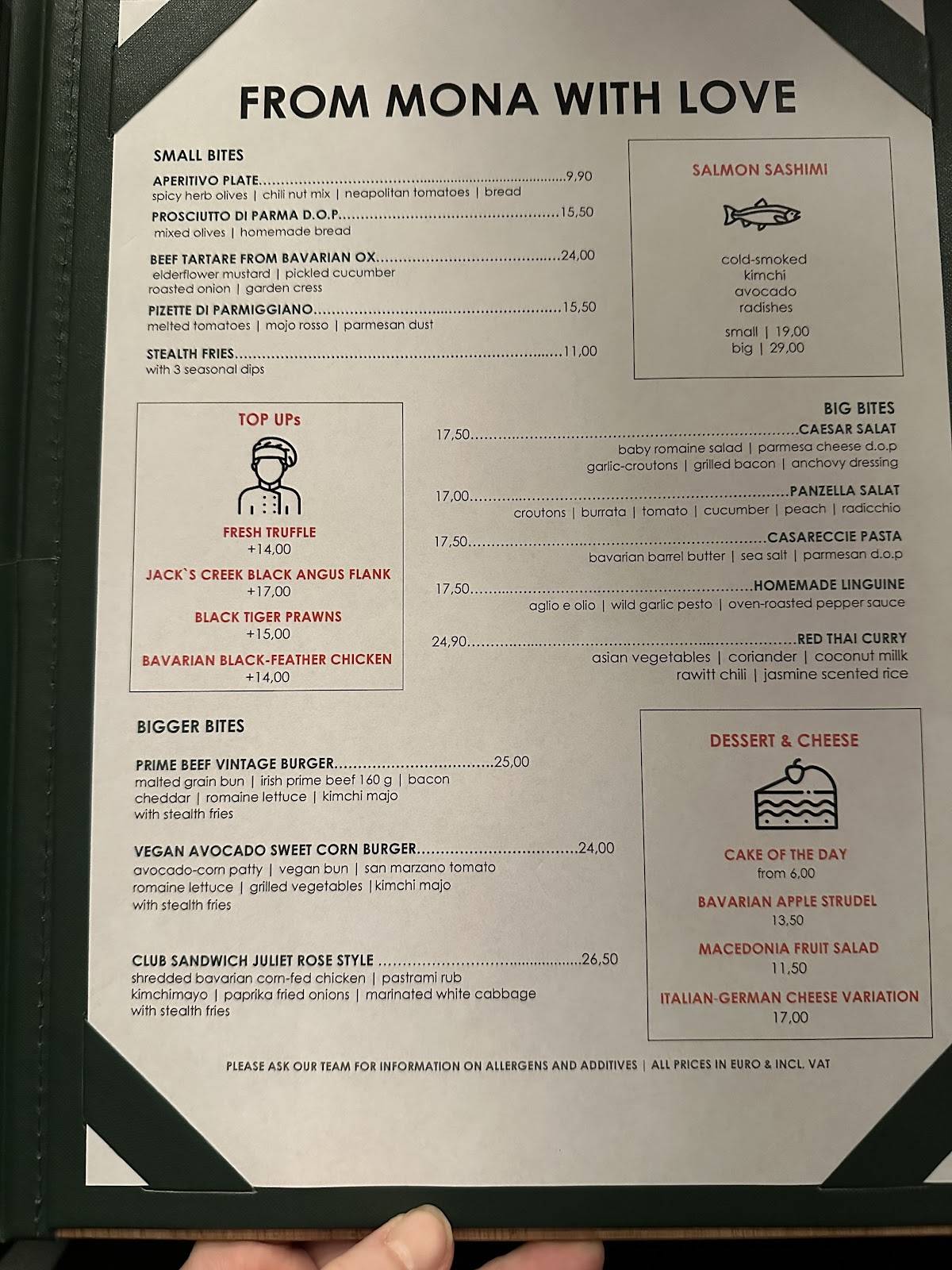 Menu at MONA restaurant, Munich