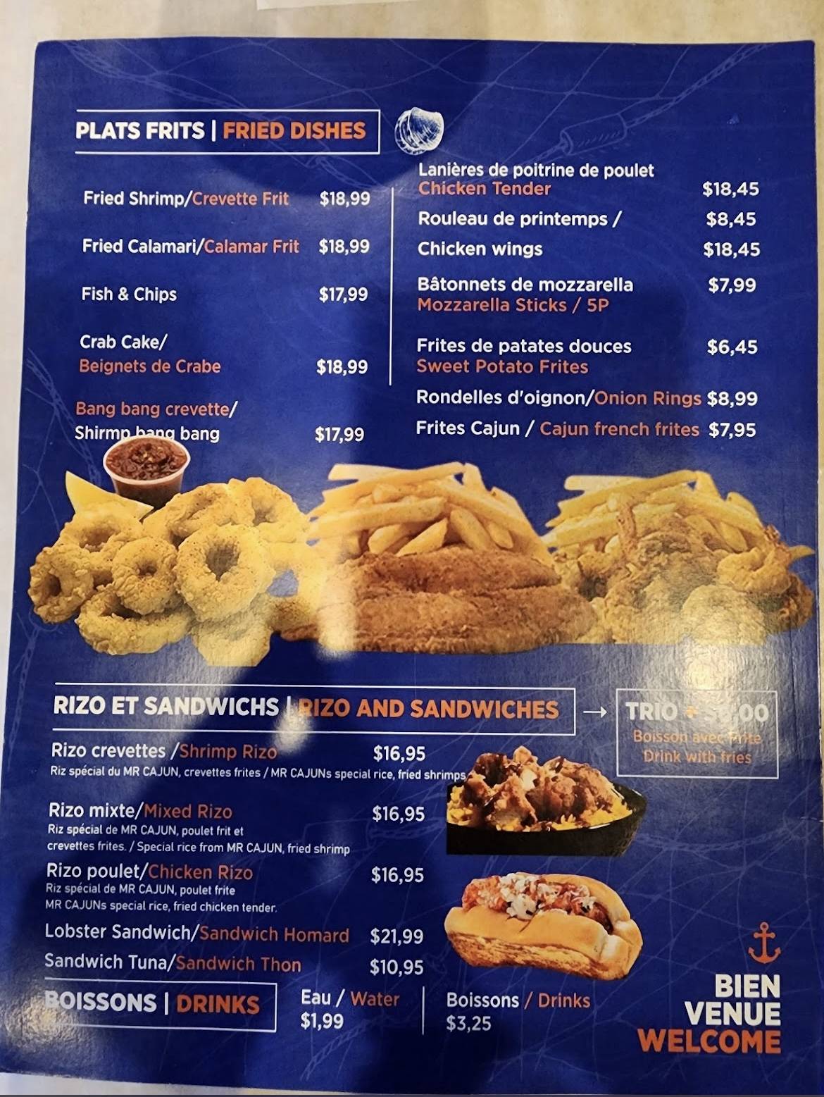 Menu au MR CAJUN restaurant, Brossard
