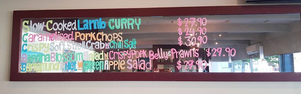 Menu at MY's Restaurant, Garran