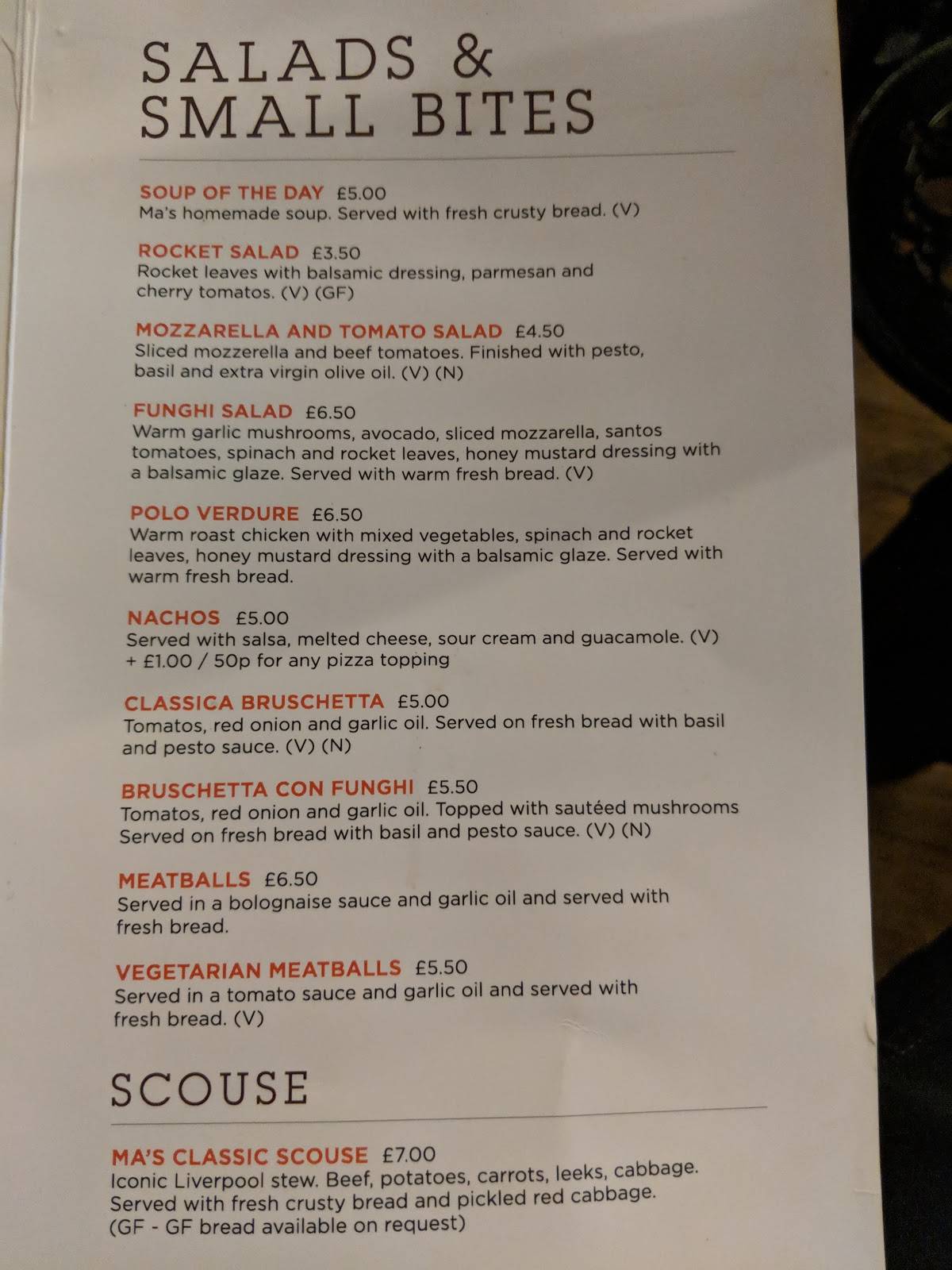 Menu at Ma Egerton's Stage Door pub & bar, Liverpool