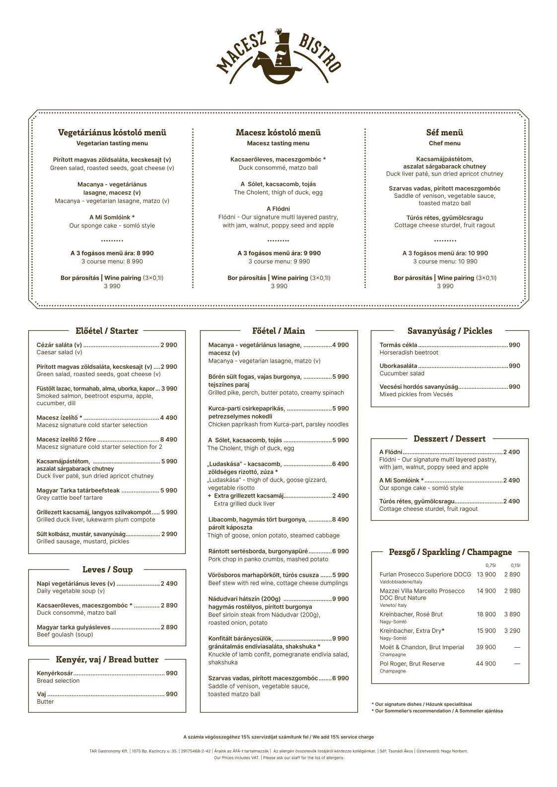 Menu at Macesz Bistro restaurant, Budapest