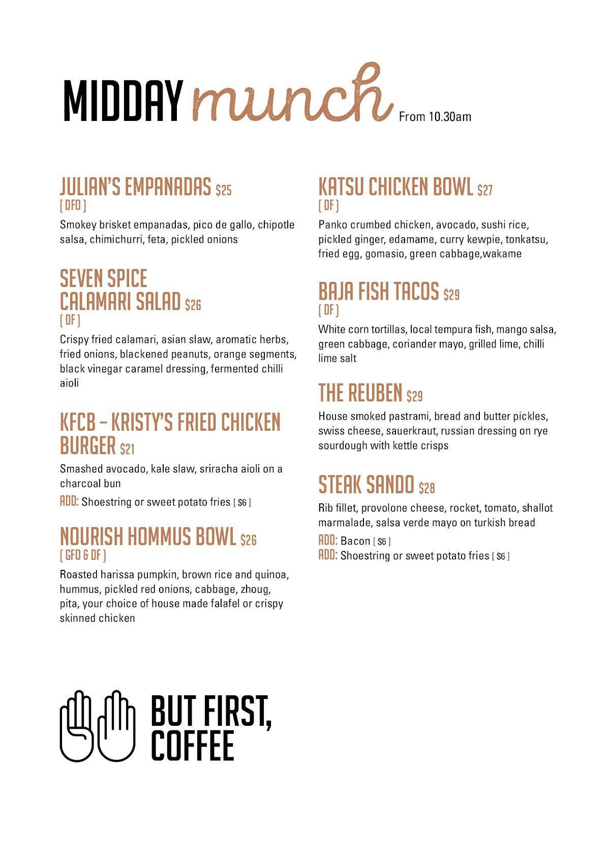 Menu at 9th Lane Grind cafe, Mackay