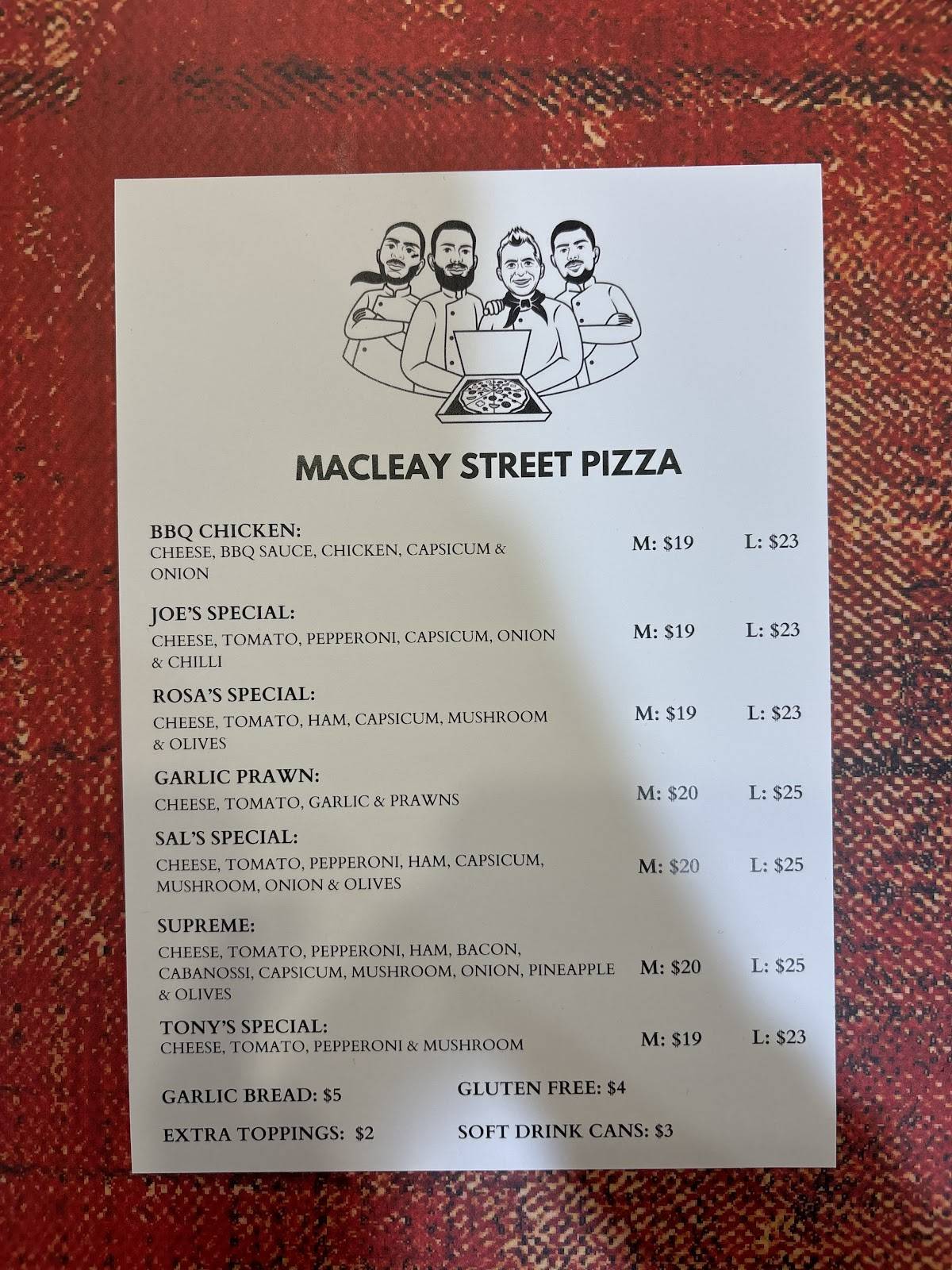 Menu at Macleay Street Pizza restaurant, Potts Point