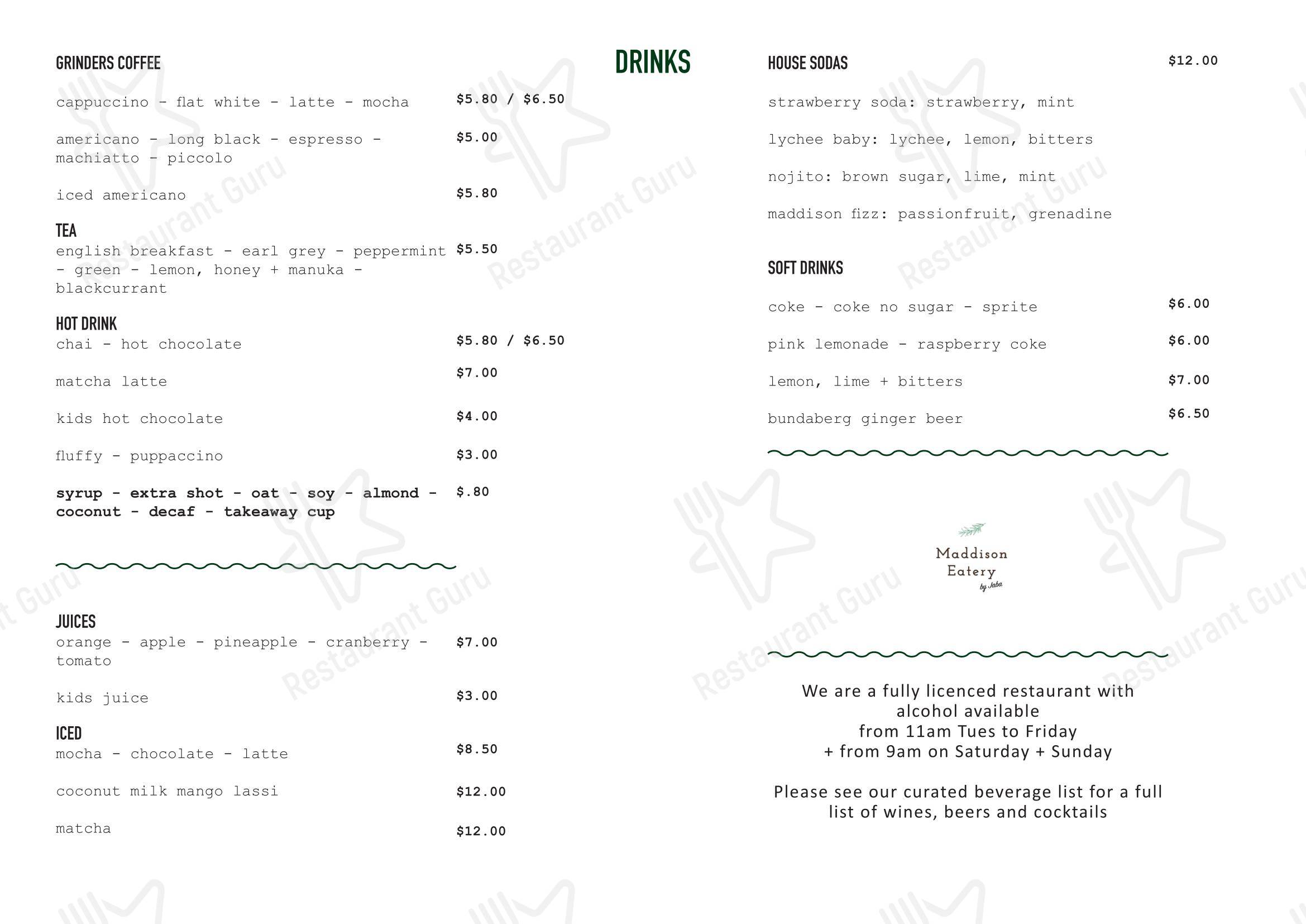 Menu at Maddison Eatery restaurant, Rolleston
