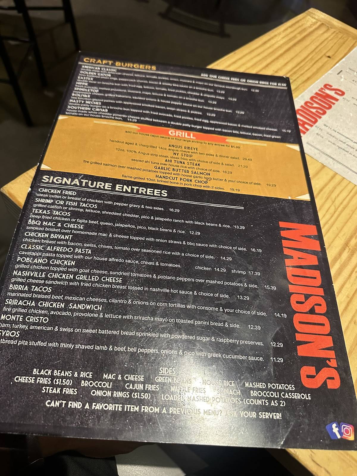 Menu at Madison's pub & bar, Beaumont, Dowlen Rd