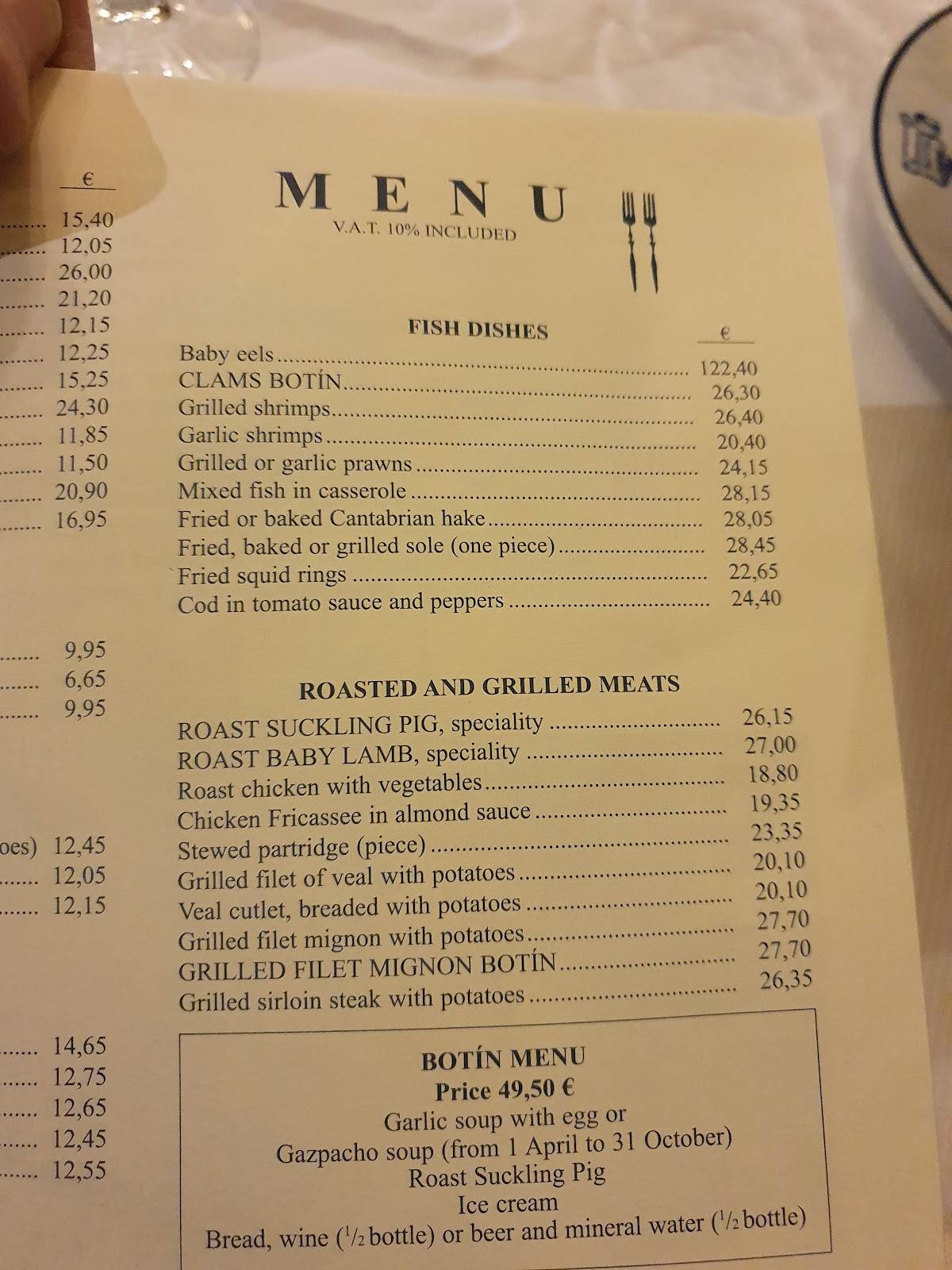 Menu at Sobrino de Botín steakhouse, Madrid, C. de Cuchilleros