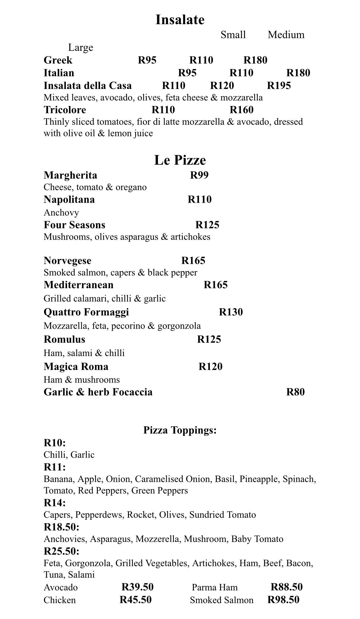 Menu at Magica Roma restaurant, Cape Town