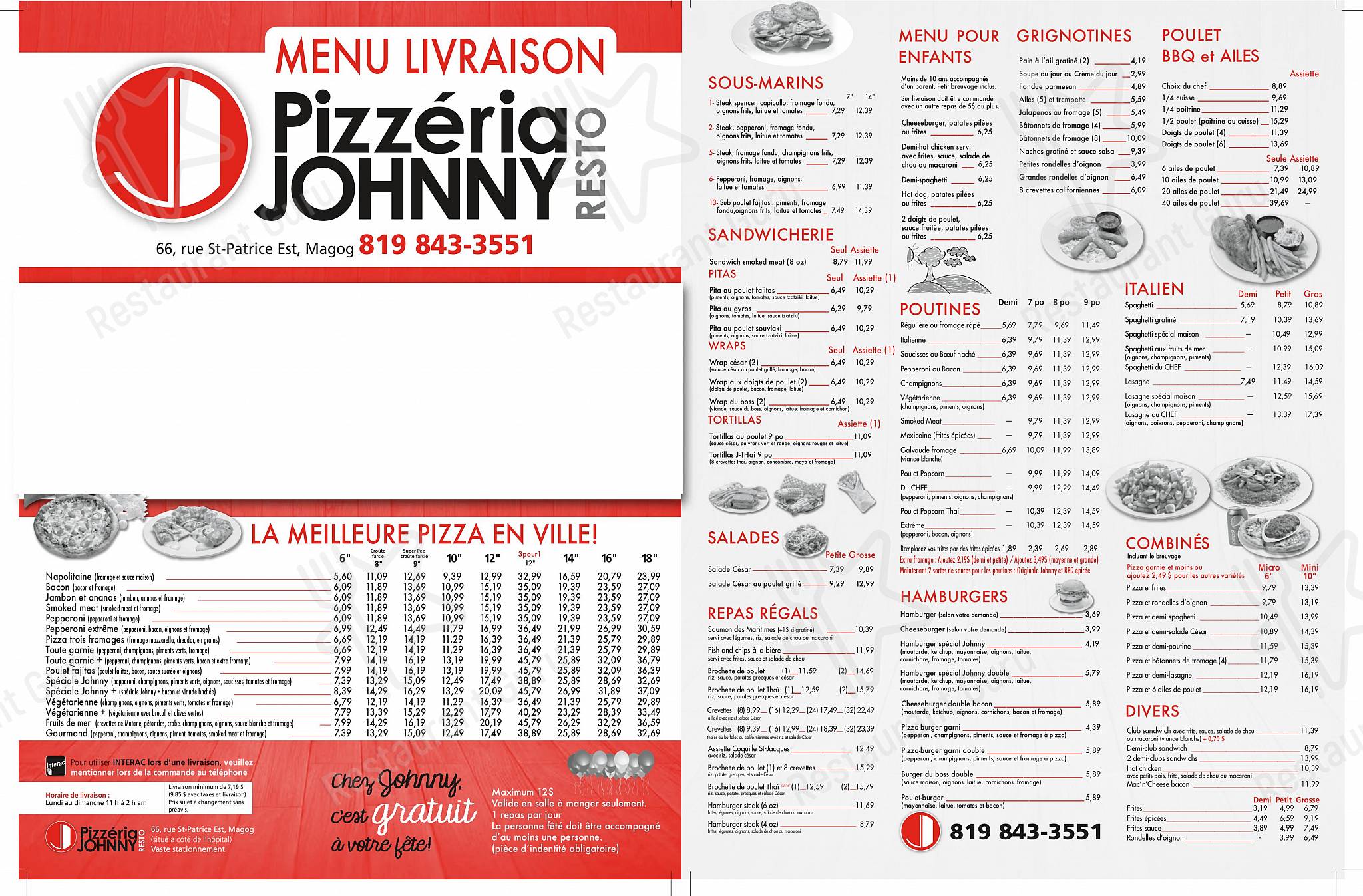 Menu au Johnny Resto - Magog pizzeria, Magog