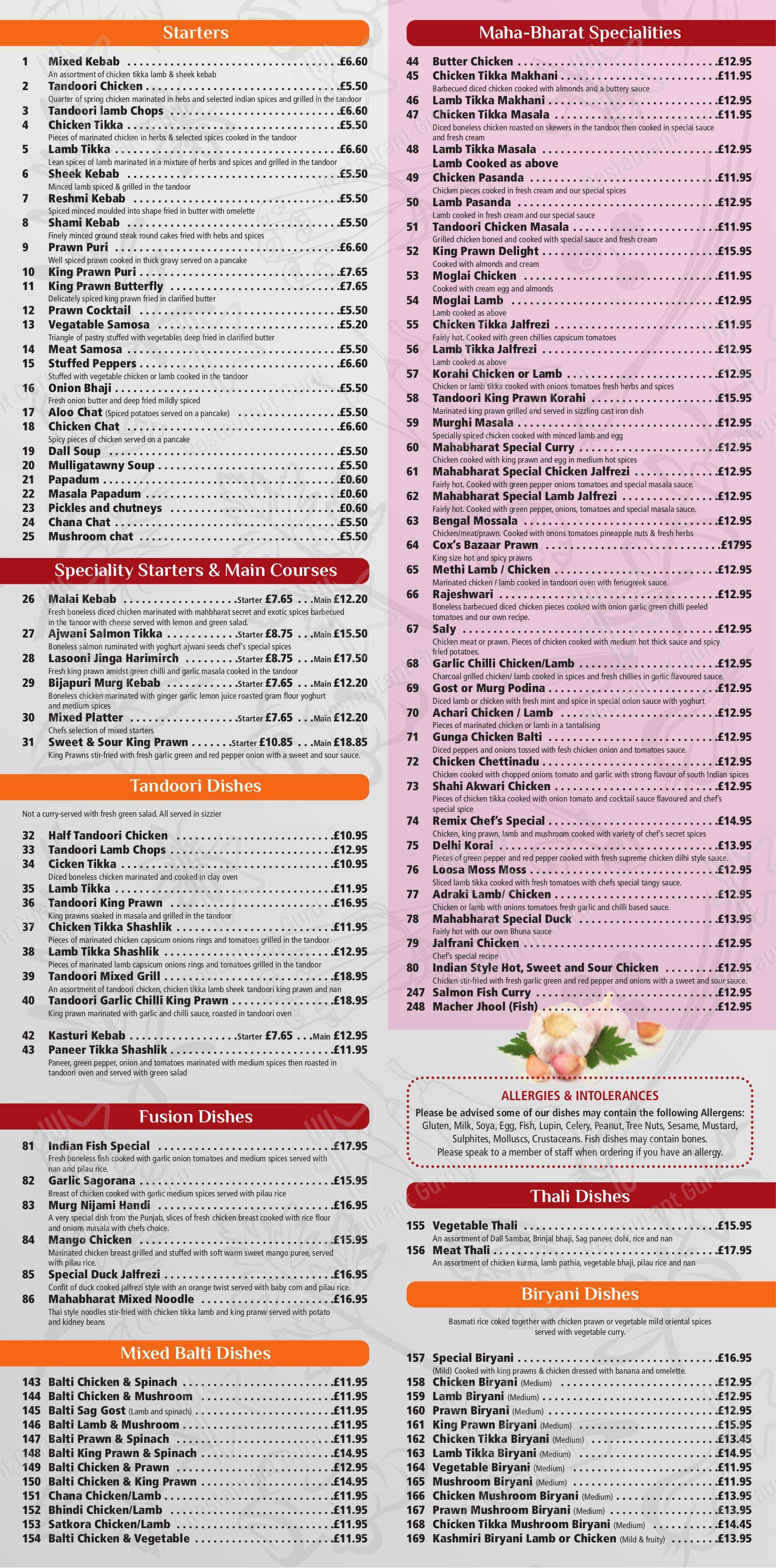 Menu at Maha-Bharat Indian Restaurant, Kingsbridge