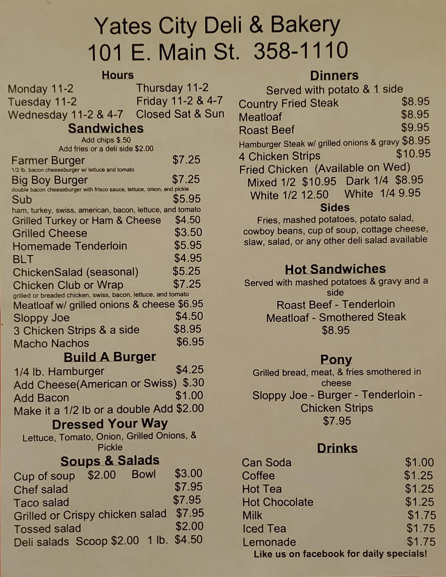 Menu at Main Street Deli restaurant, Yates City