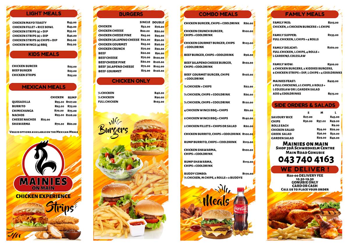 Menu at Mainies on Main restaurant, East London