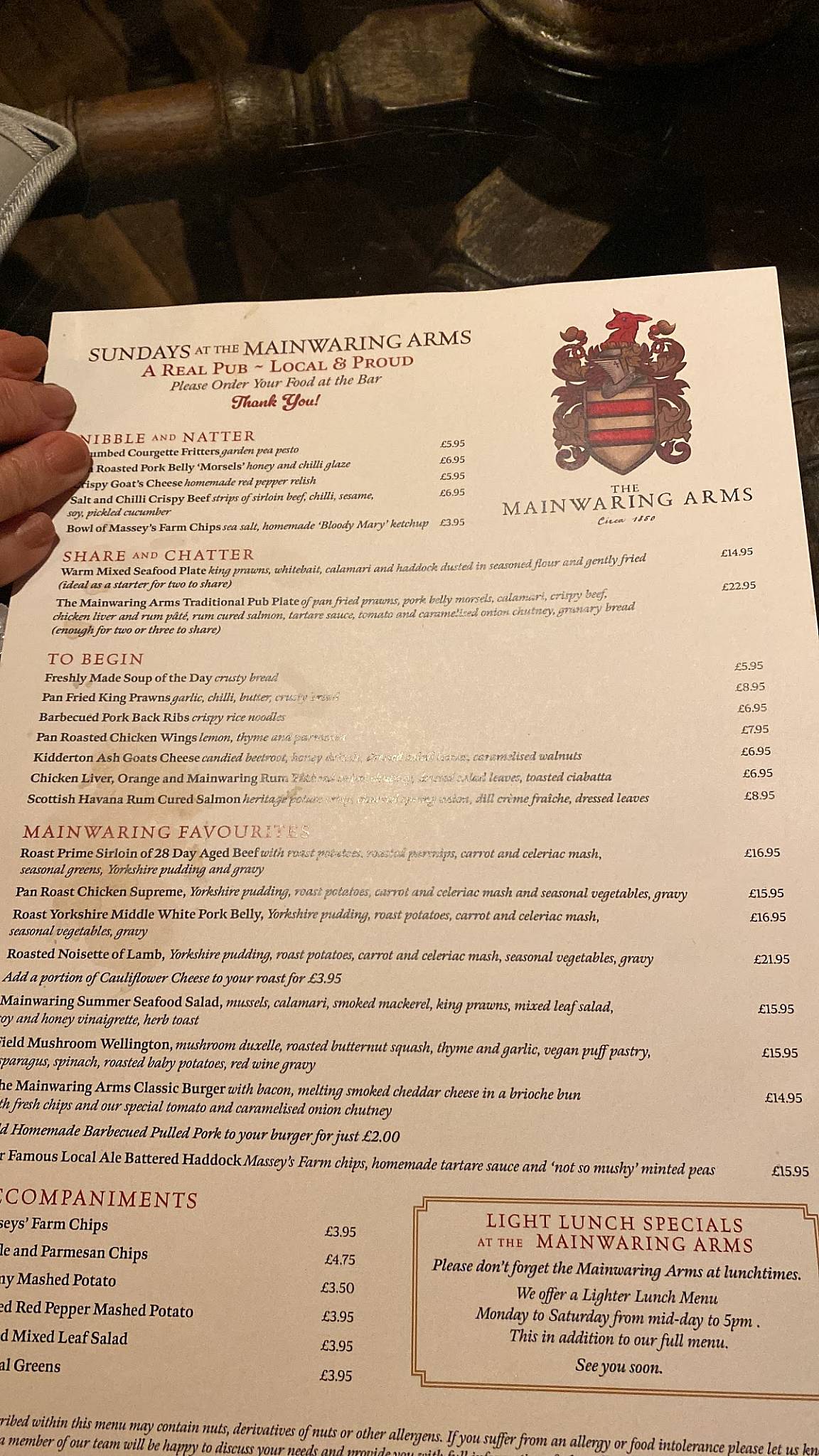 Menu at Mainwaring Arms pub & bar, Whitmore, Whitmore Rd