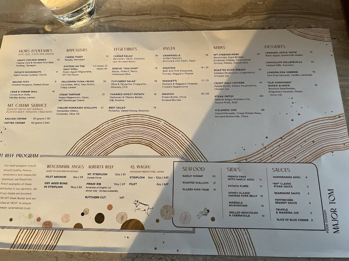 Menu at Major Tom Bar, Calgary