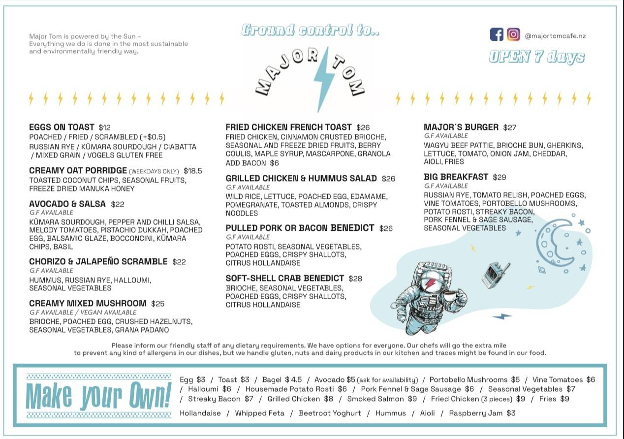 Menu at Major Tom cafe, Auckland
