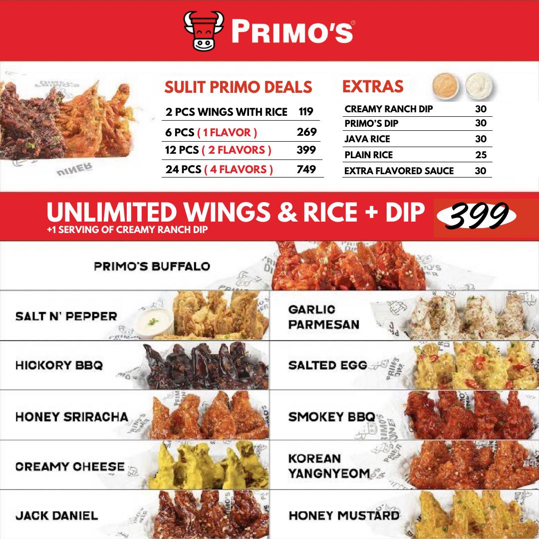 Menu at Primo's Unlimited Bucket Wings - Comembo restaurant, Taguig