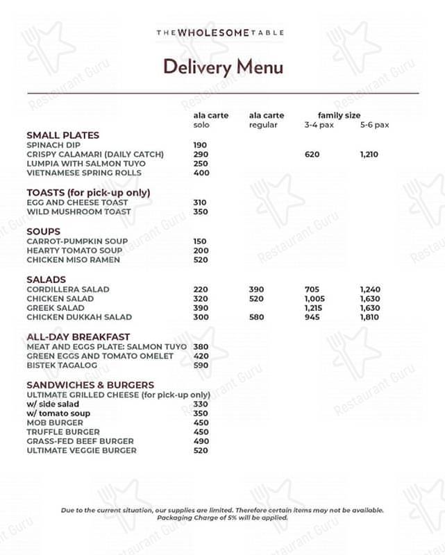 Menu at The Wholesome Table BGC restaurant, Taguig, Central Square