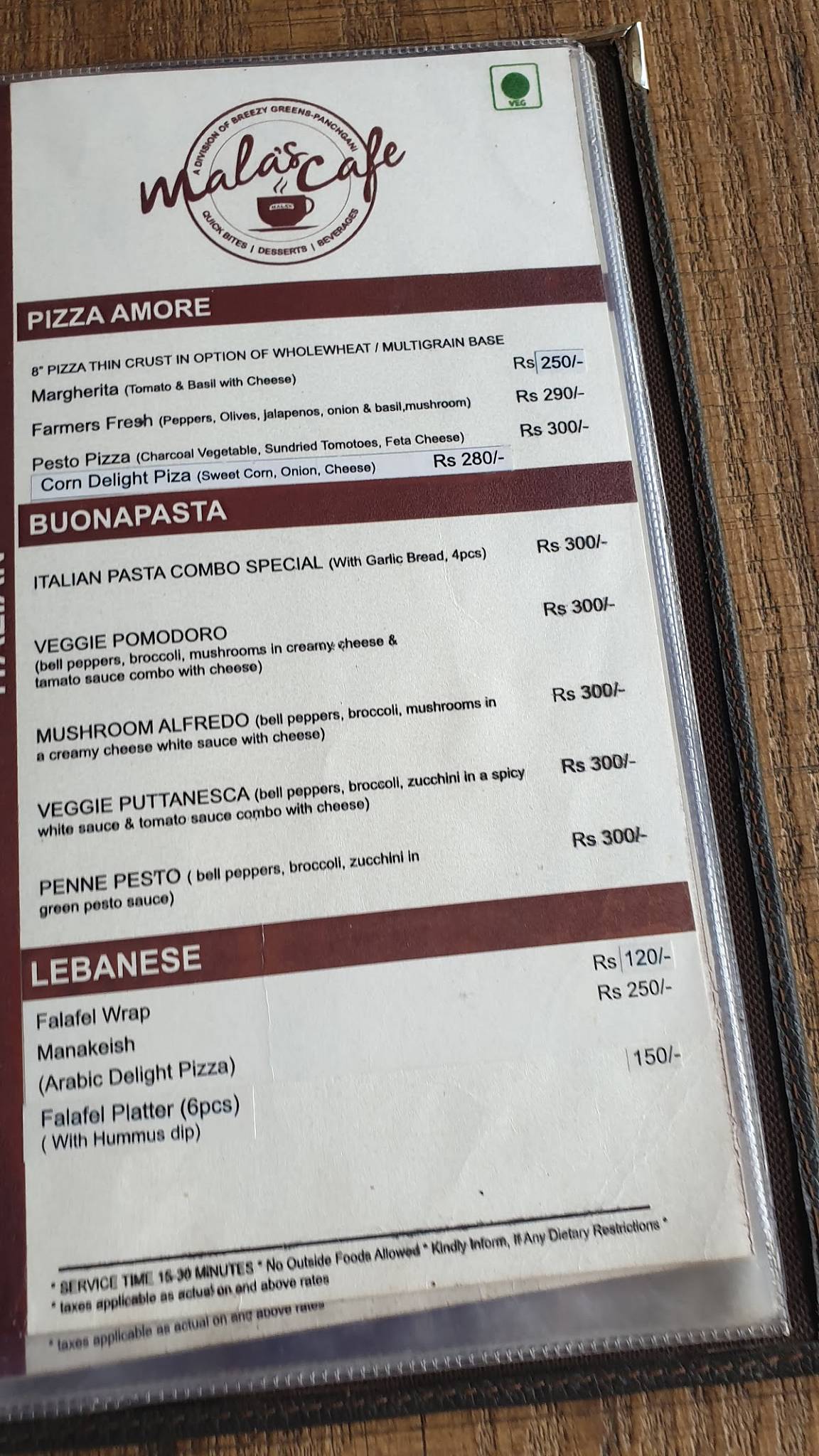 Menu at Malas Farm, Mahabaleshwar
