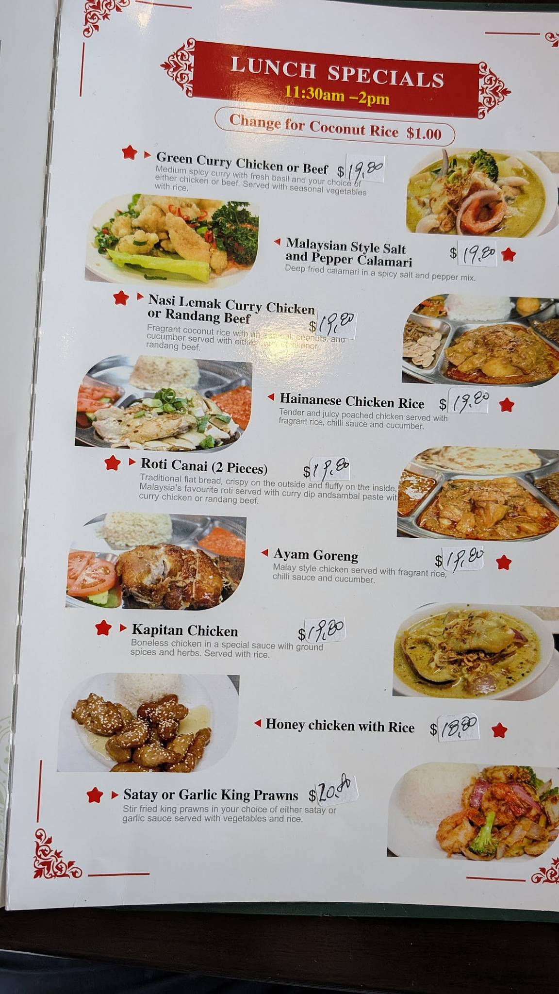 Menu at Malaysia House restaurant, Mackay