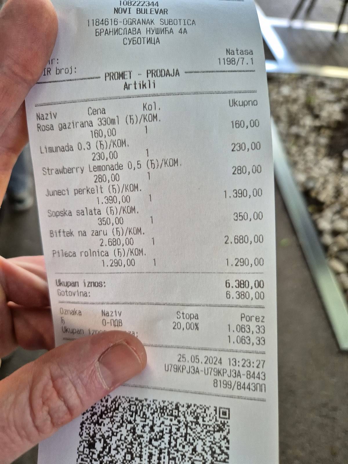 Menu at Mali Trg restaurant, Subotica
