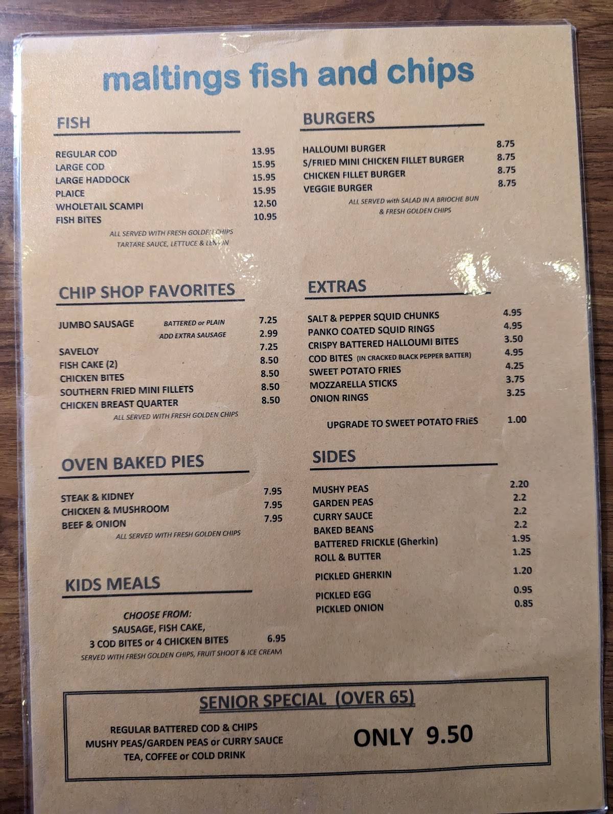 Menu at Maltings Fish and Chips restaurant, Baldock