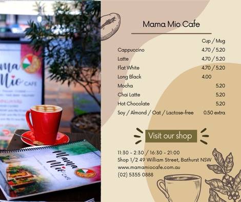 Menu at Mama Mio Cafe, Bathurst