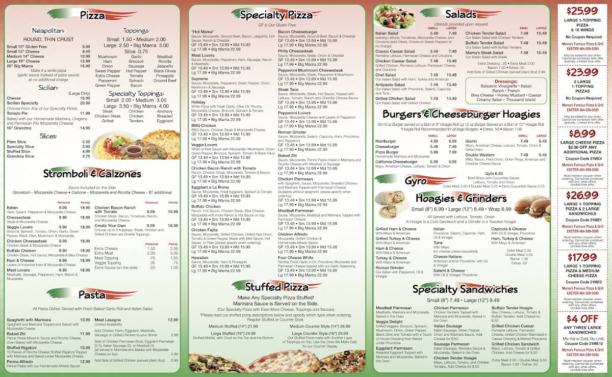 Menu at Mama's Famous Pizza and Grill Exeter pizzeria, Reading