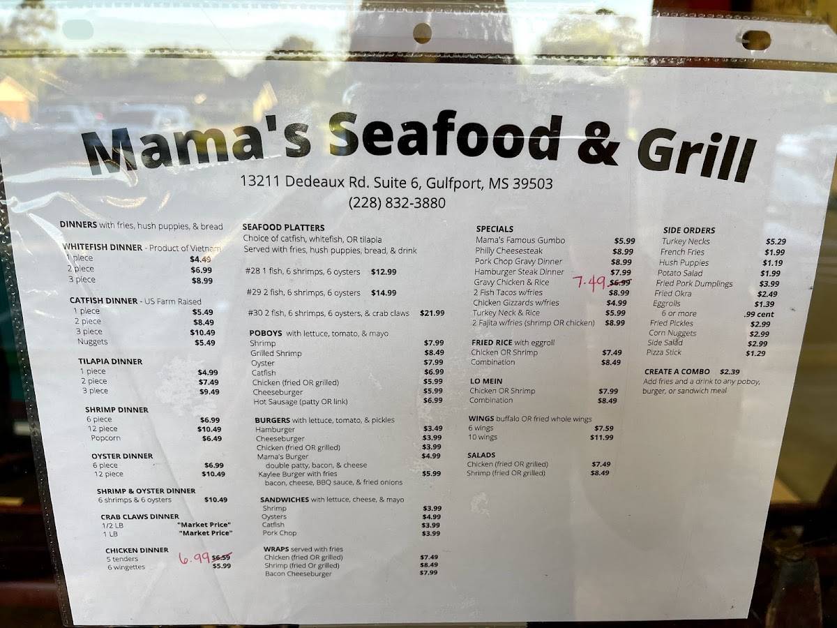 Menu at Mama's Seafood & Grill restaurant, Gulfport