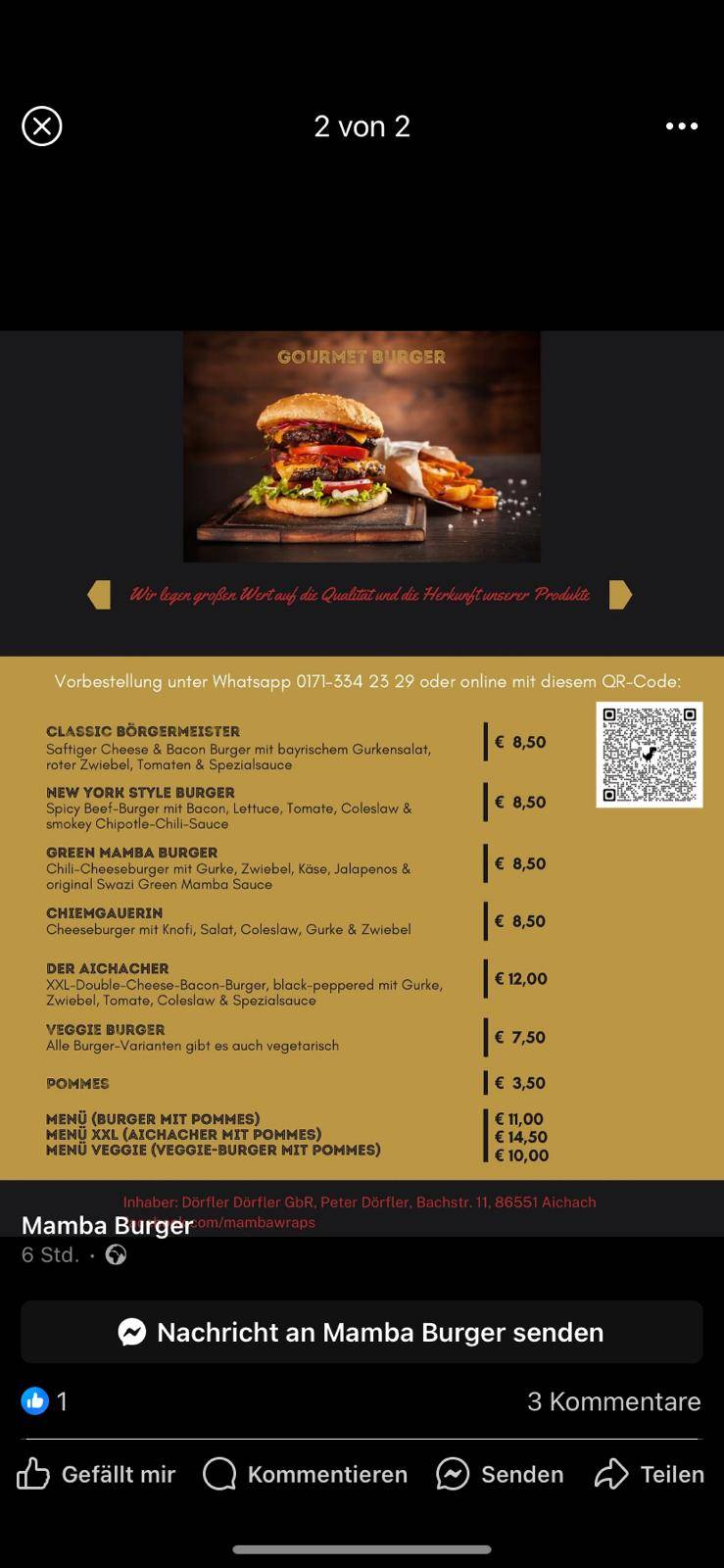Menu at Mamba Burger, Aichach