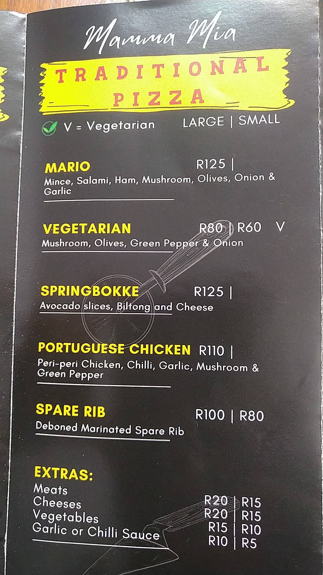 Menu at Mamma Mia restaurant, Krugersdorp