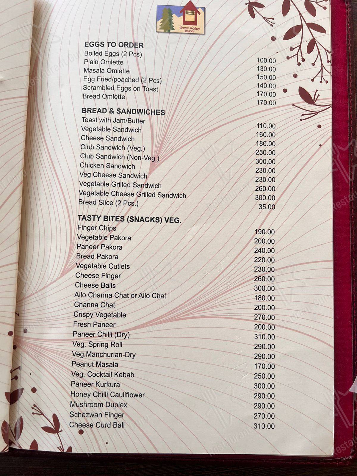Menu at Snow Valley Resorts, Manali