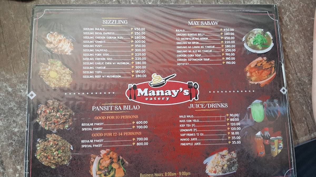 Menu at Manay's Eatery restaurant, Pakil